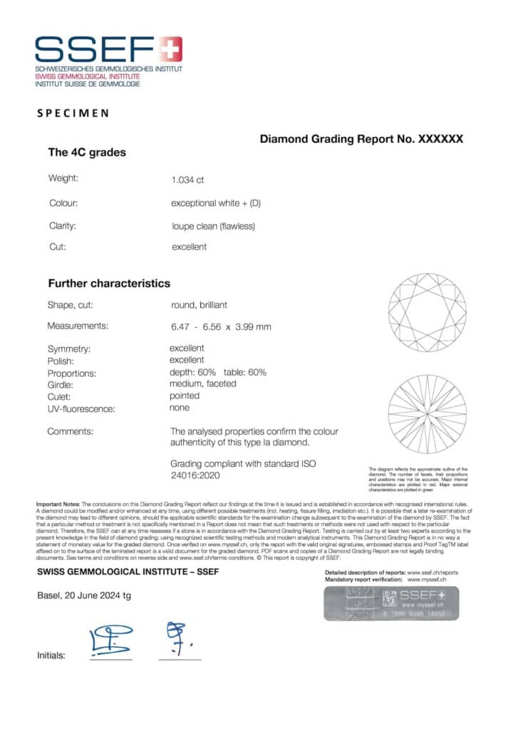 Diamond grading report - SSEF
